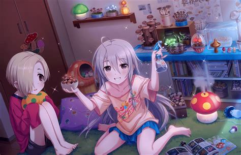 2girls Ahoge Bangs Bare Shoulders Barefoot Blonde Hair Blush Book Braid