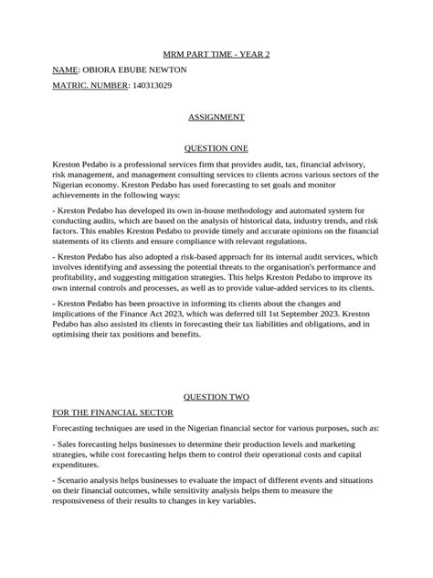 Prof Adelekes Assignment 1 Obiora Ebube Newton Pdf Agriculture Forecasting