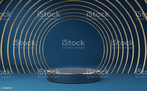 파란색 배경에 금색 테두리와 금색 원이 있는 빈 파란색 실린더 연단 추상 최소 스튜디오 3d 기하학적 모양 개체입니다 제품