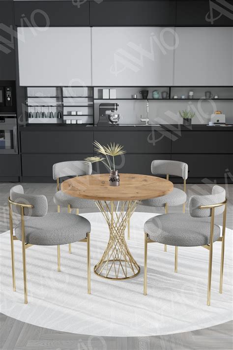 Avvio Tiny MAT GOLD Teddy Sandalye 90x90 Yuvarlak Yemek Masası Mutfak