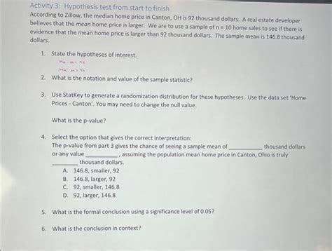 Solved Activity 3 Hypothesis Test From Start To Finish
