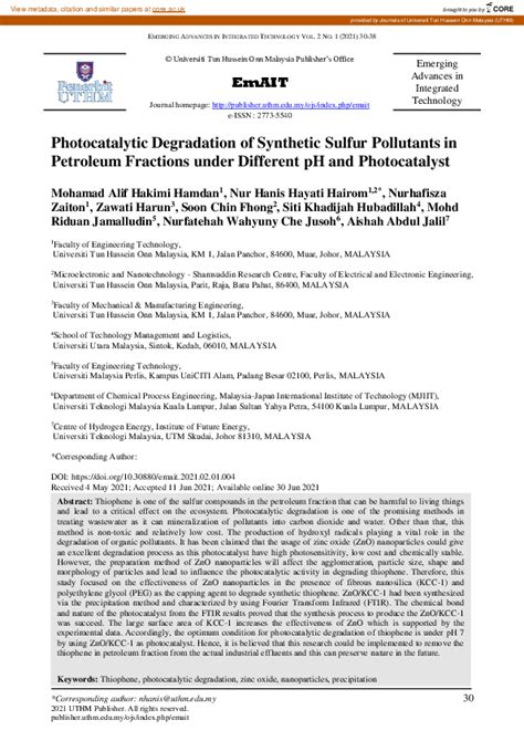 Pdf Photocatalytic Degradation Of Synthetic Sulfur Pollutants In