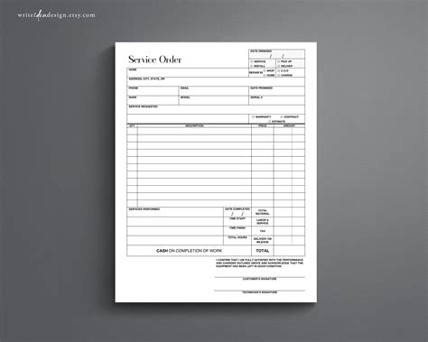 Printable Service Order Form Business Service Order Easy And Etsy