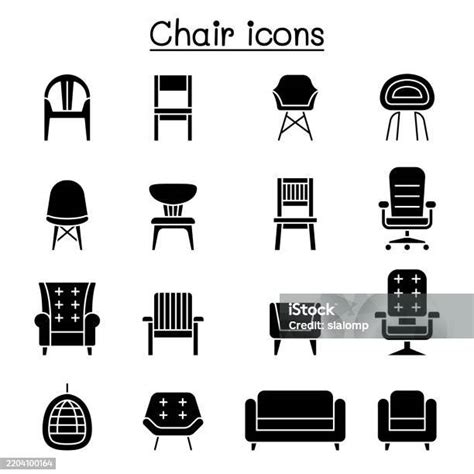 의자와 소파의 정면 보기 아이콘은 글리프 스타일로 설정됩니다 가구에 대한 스톡 벡터 아트 및 기타 이미지 가구 디자인 요소 레스토랑 Istock