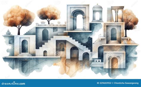 Surreal Watercolor Architectural Artwork Featuring Stairs And Archways