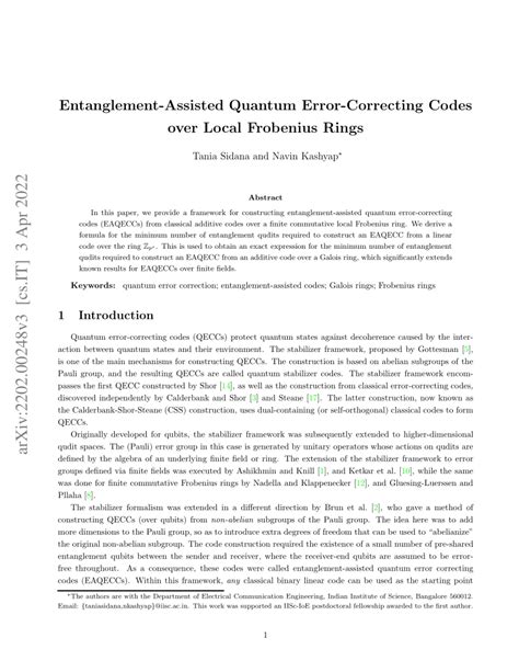 PDF Entanglement Assisted Quantum Error Correcting Codes Over Local