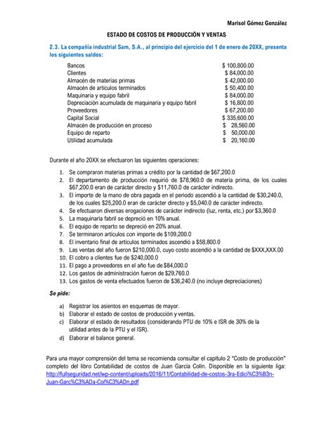 Ejercicio 2 3 Costo De Produccion Marisol Gómez González Estado De