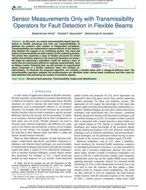 PDF Sensor Measurements Only With Transmissibility Operators For Fault Detection In Flexible Beams