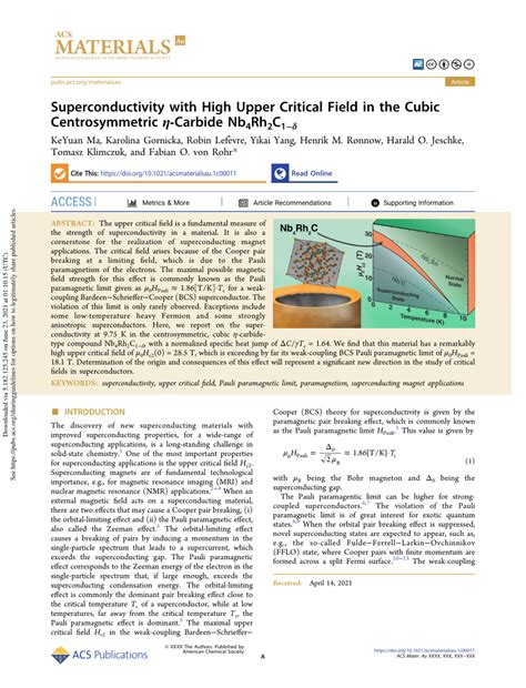 Pdf Superconductivity With High Upper Critical Field In The Cubic