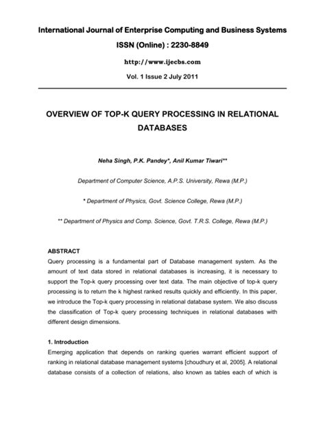 Overview Of Top K Query Processing In Relational Databases