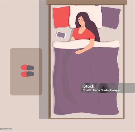 침대에서 자고 있는 여자 평면도 소녀는 스마트폰을 머리 근처에 두고 평화롭게 잔다 침대 근처 매트에 슬리퍼 플랫 스타일의 벡터 그림입니다 귀여운에 대한 스톡 벡터 아트 및