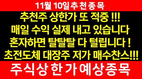 11월10일 주식 무료 추천주 추천주 상한가 또 적중 초전도체 대장주 현재 저가매수의 찬수 세력 물량 테스트중 난리났다 강력 추천 Youtube