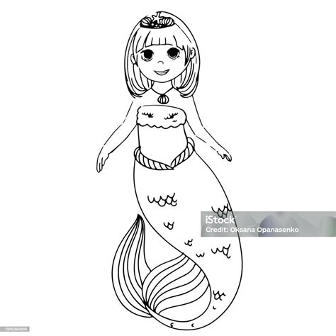 귀여운 만화 인어 색칠 공부 인어 공주 마법의 생물 흰색 배경에서 격리된 벡터 그림입니다 검은색에 대한 스톡 벡터 아트 및 기타