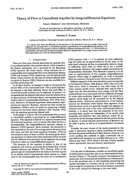 Pdf Theory Of Flow In Unconfined Aquifers By Integrodifferential