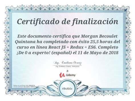 Morgan Becoulet Quintana On Linkedin Completion Certificate For React