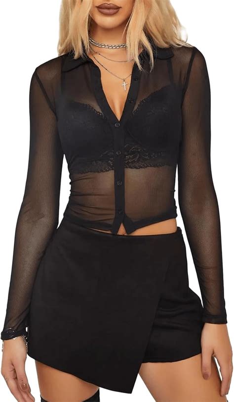 Zanzea Womens Sexy Mesh Shirt Sheer Button Up Blouse See