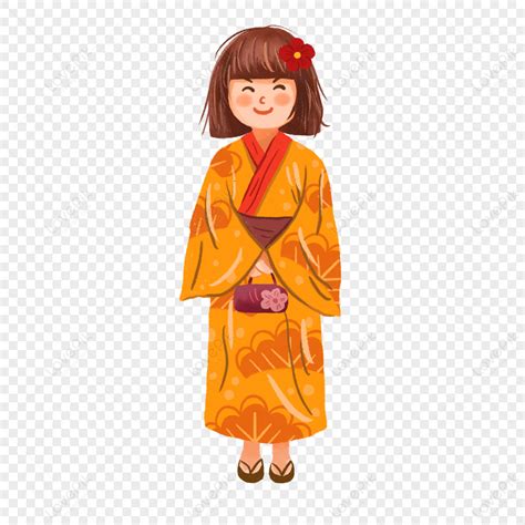 만화 귀여운 일러스트 캐릭터 의상 오렌지 기모노 소녀 키모노 성년의 날 Png 일러스트 무료 다운로드 Lovepik