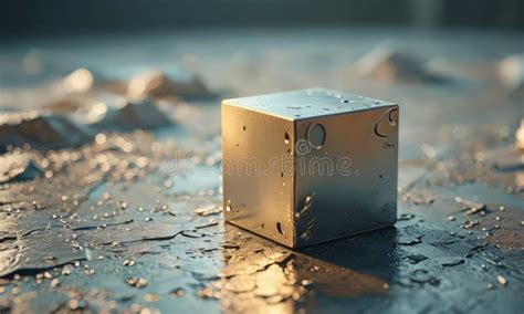 Metallic Cube With Hole Sits On Wet Reflective Surface Surrounded By