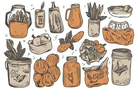 Collection Of Hand Drawn Zero Waste Elements Ecological Lifestyle Vector Stock Illustration