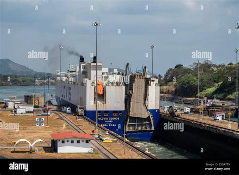 South Korean Ship Entering Pacific Ocean At Miraflores Lock Panama