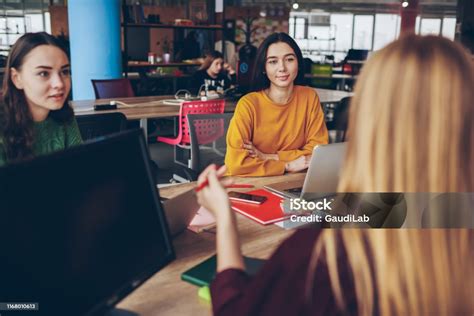 현대 기술을 사용하여 동료에게 정보와 전략을 설명하는 여성 상사의 백뷰 데스크톱에 앉아 있는 프로젝트에 대한 브레인스토밍 긍정적인 감정 표현에 대한 스톡 사진 및 기타