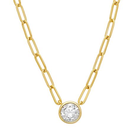 Silver Paperclip Chain Necklace Gold Plated With A Bezel Set 8 Mm Cz