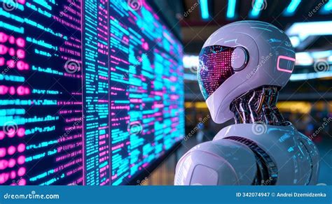 animated robot analyzing stock data on a digital screen in a high tech