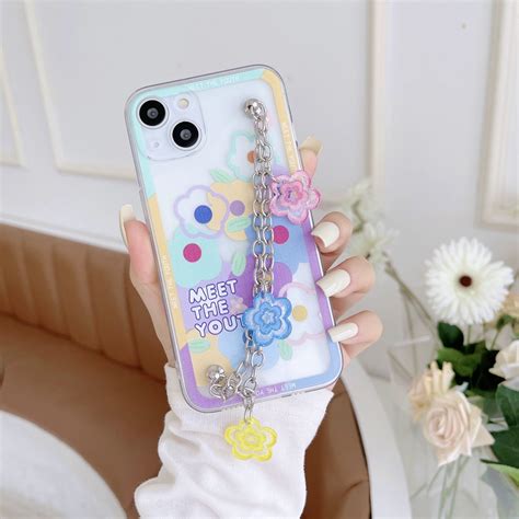 เคสโทรศัพท์มือถือแบบนิ่ม Tpu ใส ลายดอกไม้หน้ายิ้ม พร้อมสายโซ่คล้อง