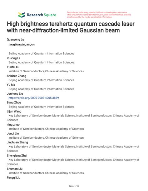 Pdf High Brightness Terahertz Quantum Cascade Laser With Near Diffraction Limited Gaussian Beam