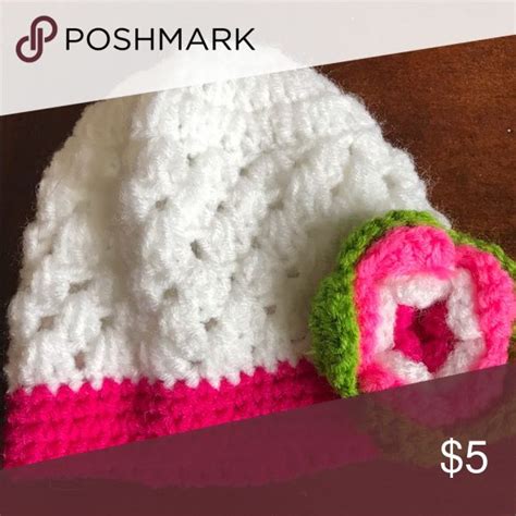 White And Pink Crocheted Baby Hat Crochet Baby Cap Baby Hats Crochet Baby Hats