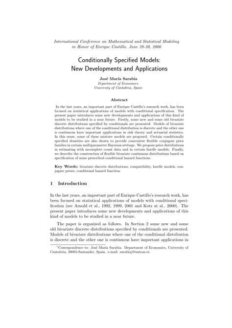 Pdf Conditionally Specified Models New Developments And Applications
