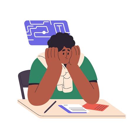학업 시험에서 혼란스러운 학생 대학 시험 동안 책상에 서류와 펜으로 앉아 어려운 작업에 대해 생각하는 의아해 남자 평면 그래픽