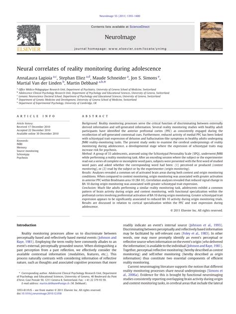 Pdf Neural Correlates Of Reality Monitoring During Adolescence