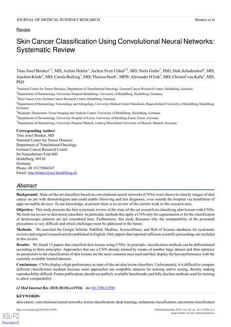 PDF Skin Cancer Classification Using Convolutional Neural Networks Systematic Review