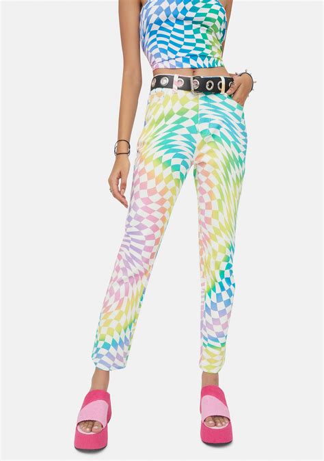 Delias Warped Checkered Twill Jeans Rainbow Bottom Clothes