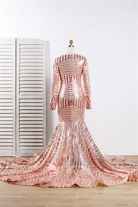 Dazzling Rose Gold Sequin Mermaid Long Train Prom Gown Lunss