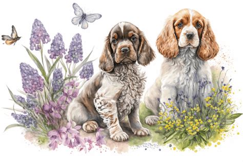 Spring Watercolor Cocker Spaniel Puppies Graphic By Mamimo Shop