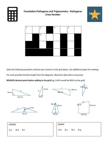 Foundation Trigonometry And Pythagoras Unit Cross Number Bundle Teaching Resources