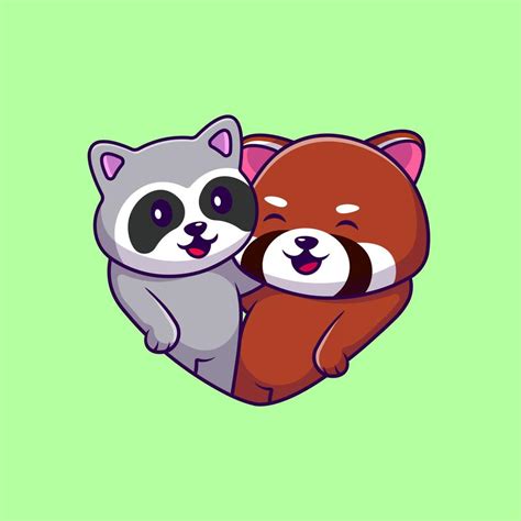 Söt Par Tvättbjörn Och Röd Panda Tecknad Serie Vektor Ikoner