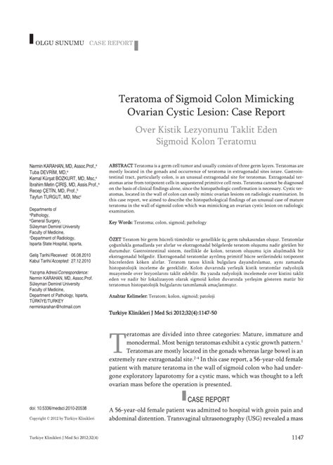 Pdf Teratoma Of Sigmoid Colon Mimicking Ovarian Cystic Lesion Case