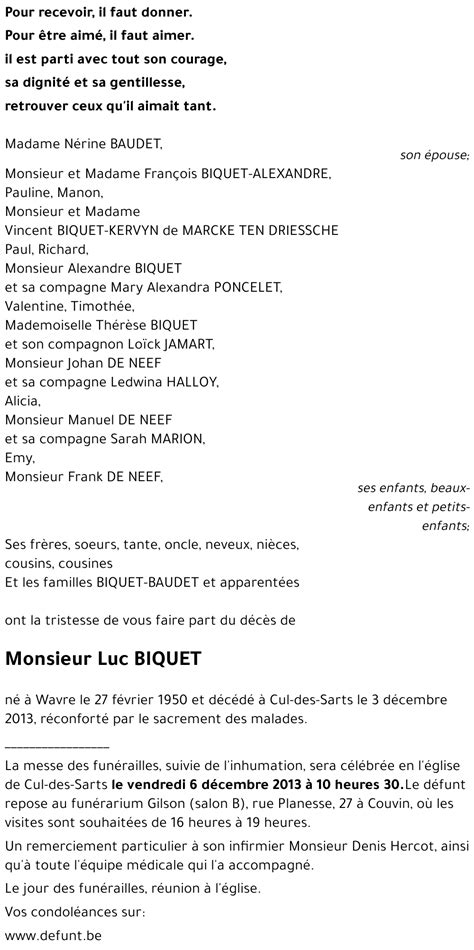 Avis De Décès De Luc Biquet Décédé Le 03 12 2013 à Cul Des Sarts Annonce Condoléances Fleurs