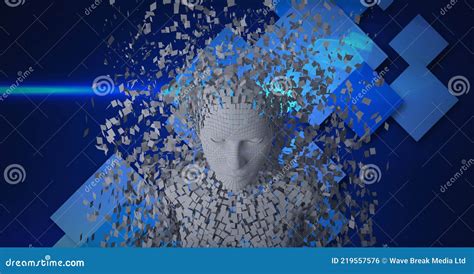 Composition Of Exploding Human Bust Formed With Grey Particles And Blue Screens In Background