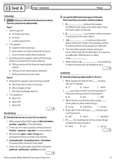 Brainy Kl8 Unit Test 5 A Test Unit 5 Test A 1 Listening 1 3