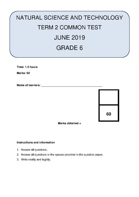 Grade 6 Nstech June 2019 Time 1 Hours Marks 60 Name Of Learners