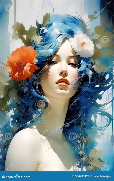 Beautiful Young Girl With Flowers In Her Hair Fashion Illustration