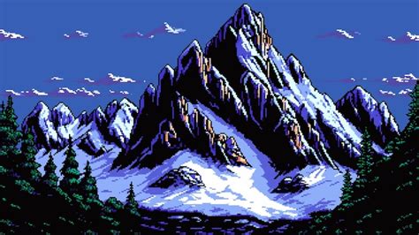 생성적인 Ai 눈 덮인 산 풍경 8비트 픽셀 아트 배경 시차 자연 수준 주위에 깊은 숲이 있는 푸른 흐린 하늘 아래 장엄한 눈 덮인 정상이 있는 향수를 불러일으키는 픽셀화
