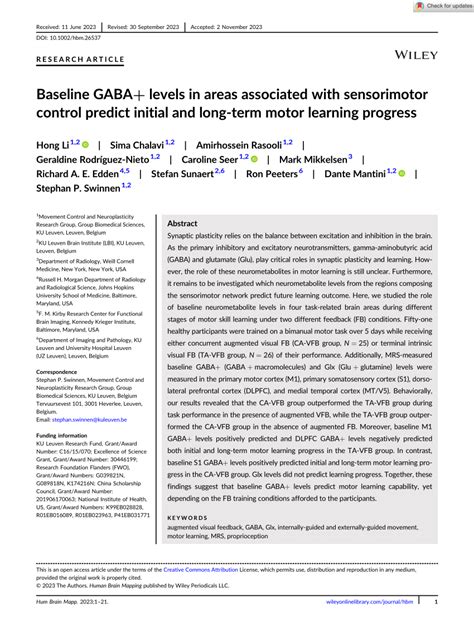 Pdf Baseline Gaba Levels In Areas Associated With Sensorimotor Control Predict Initial And