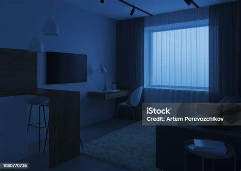 디자인 소파와 작은 방 밤입니다 저녁 조명입니다 3d 렌더링입니다 0명에 대한 스톡 사진 및 기타 이미지 0명 3차원 형태 가구 Istock