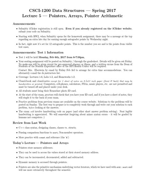 Csci 1200 Data Structures Lecture 5 Pdf Pointer Computer Programming Subroutine