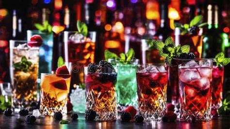 Many Different Refreshing Colorful Fruit Cocktails With Ice Lemon